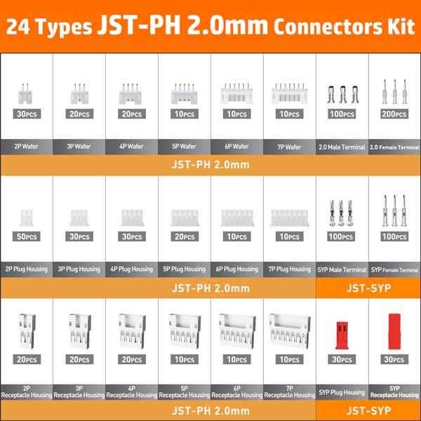 PEBA Crimping Tool JST PH 2.0 Connector Kit,with 24 Styles 2.0mm JST-PH Connectors and JST-SYP ...